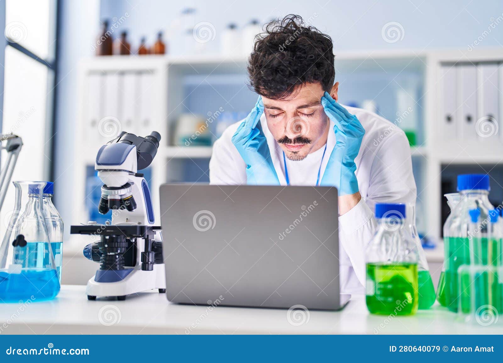 Young Caucasian Man Scientist Stressed Working at Laboratory Stock ...