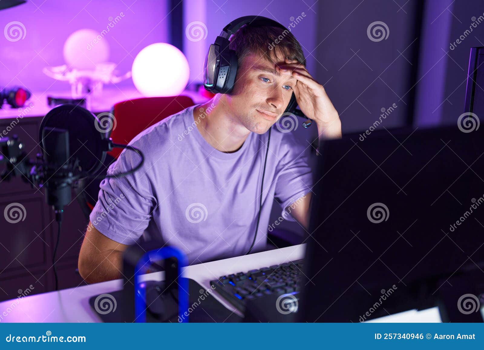 Young Caucasian Man Streamer Stressed Using Computer at Gaming Room ...