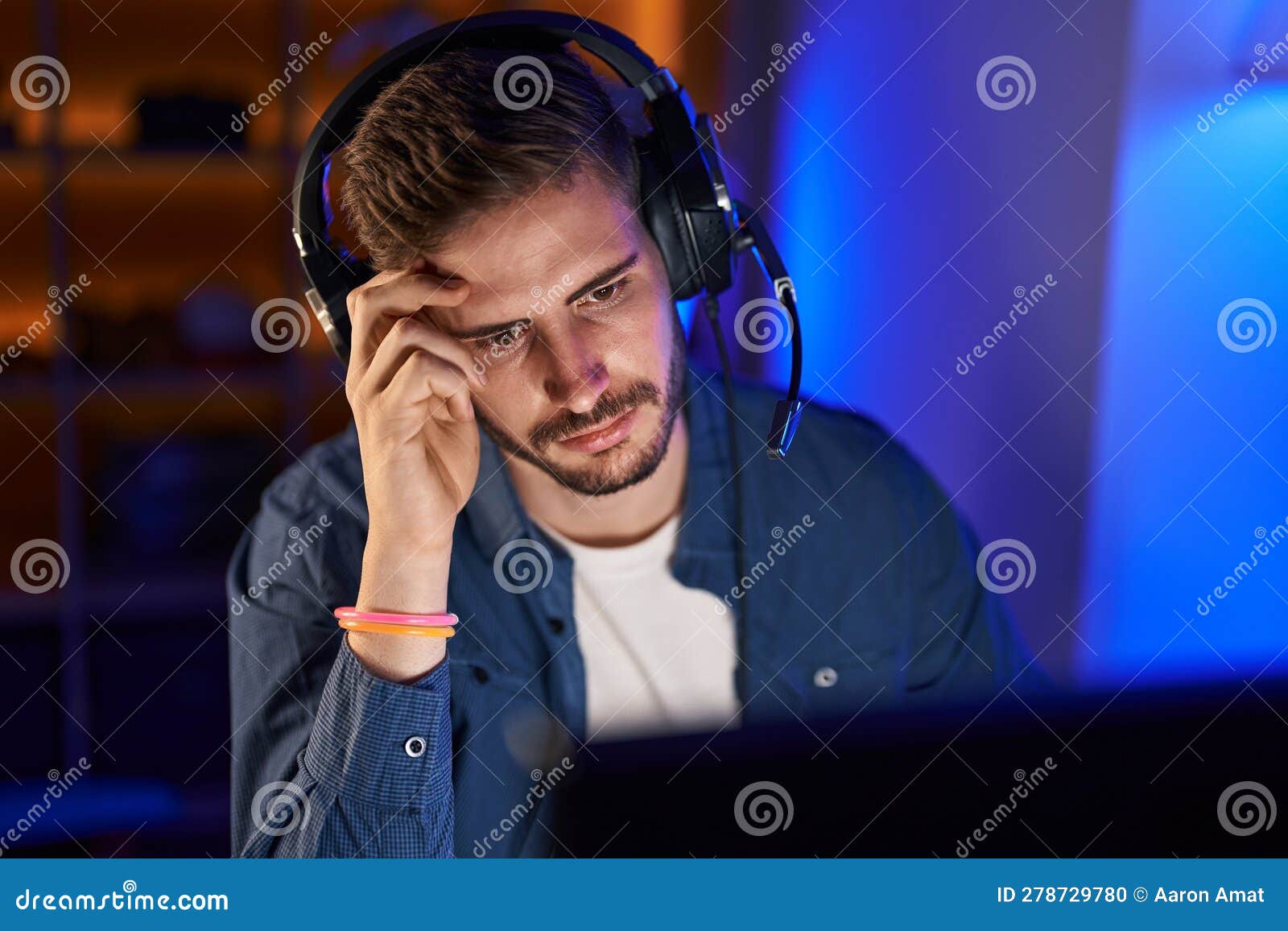 Young Caucasian Man Streamer Stressed Using Computer at Gaming Room ...