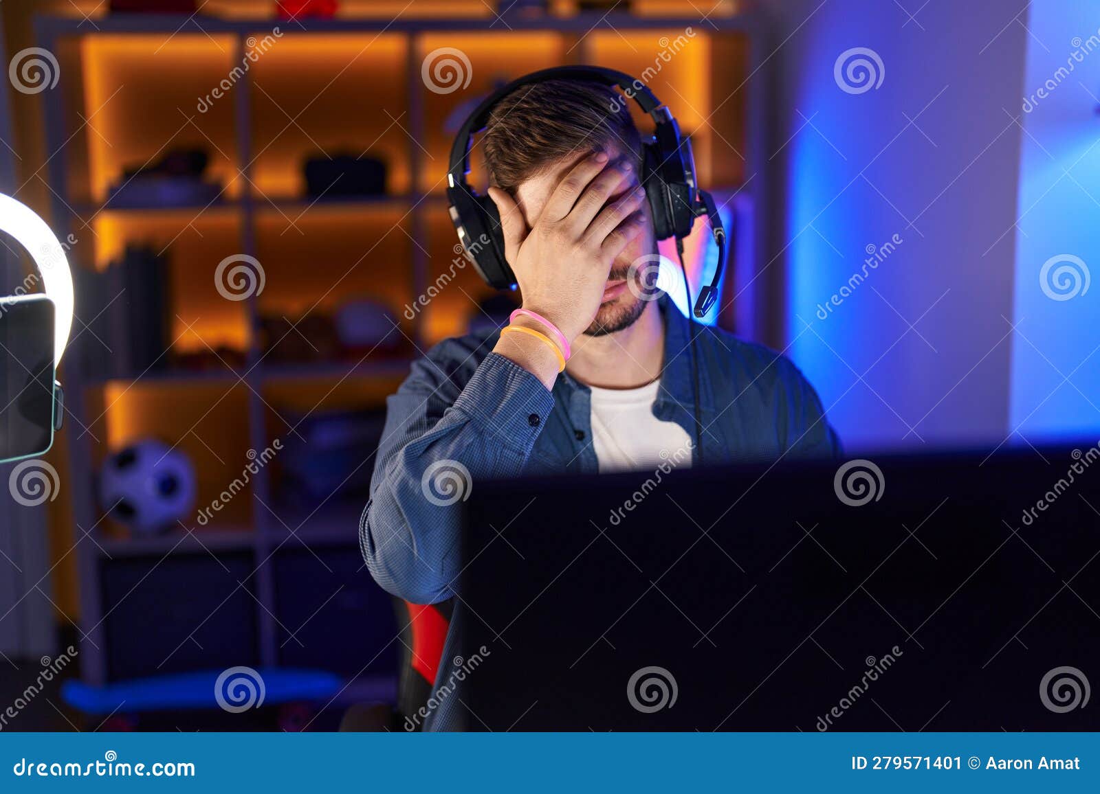 Young Caucasian Man Streamer Stressed Using Computer at Gaming Room ...