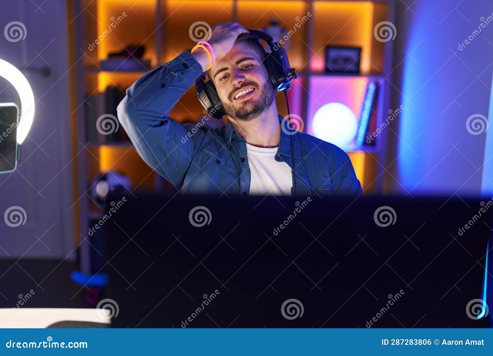 Young Caucasian Man Streamer Stressed Using Computer at Gaming Room ...