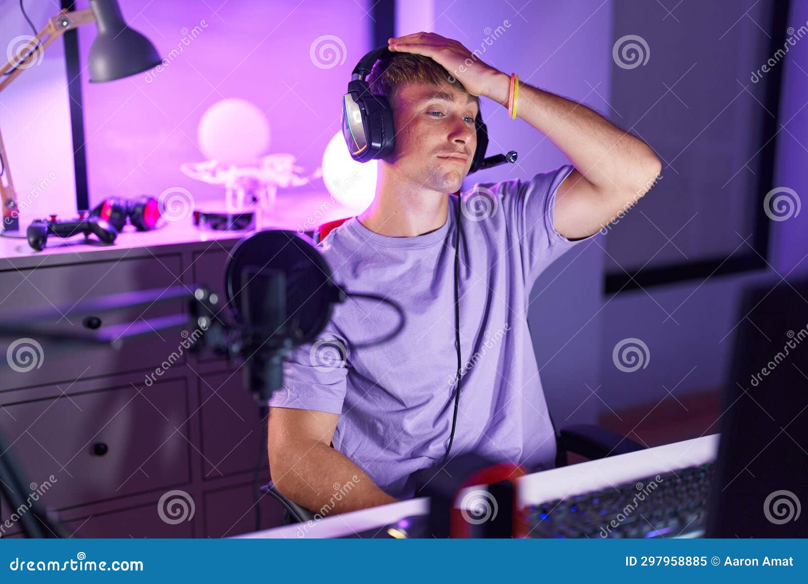 Young Caucasian Man Streamer Stressed Using Computer at Gaming Room ...