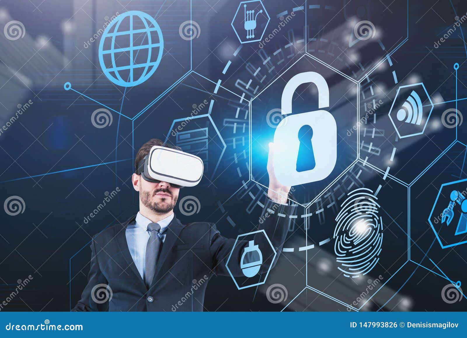 Man in VR Glasses Using Online Security Interface Stock Photo - Image ...