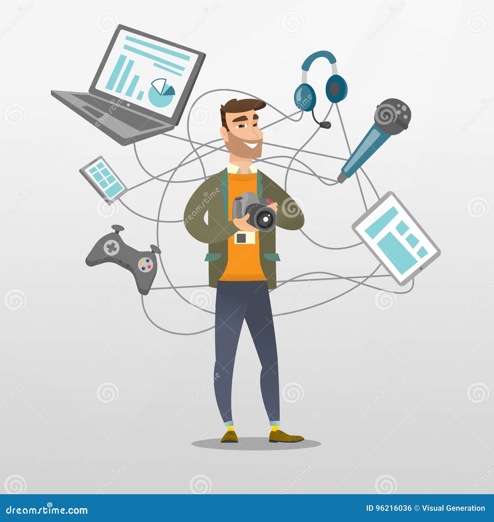 Young Caucasian Man Surrounded by Her Gadgets. Stock Vector ...