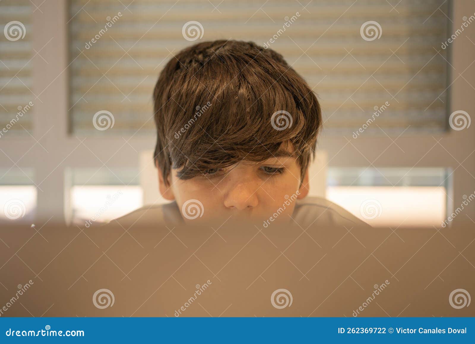 Young Caucasian School Boy Studying Behind His Laptop. Stock Photo ...