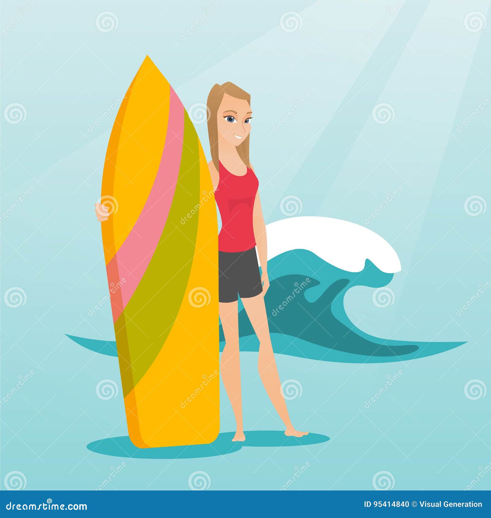 Young Caucasian Surfer Holding A Surfboard Stock Vector Illustration
