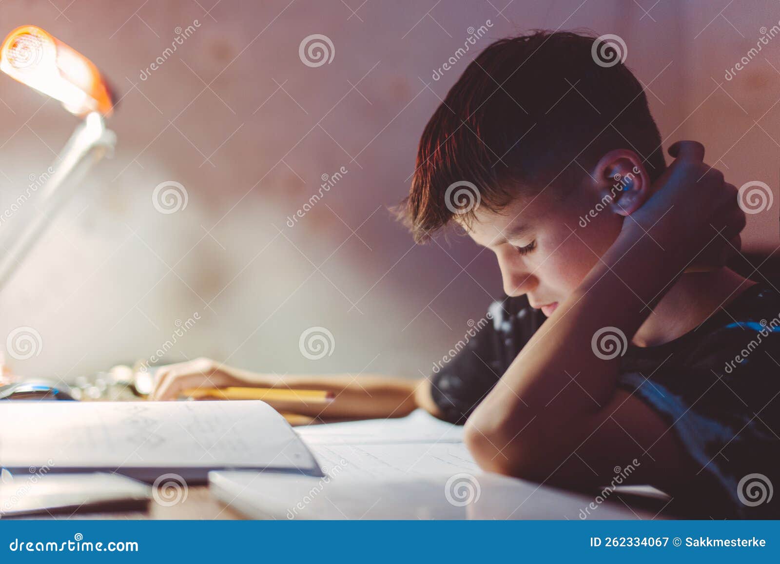 Young Caucasian Tired Boy Learning at Evening Stock Image - Image of ...