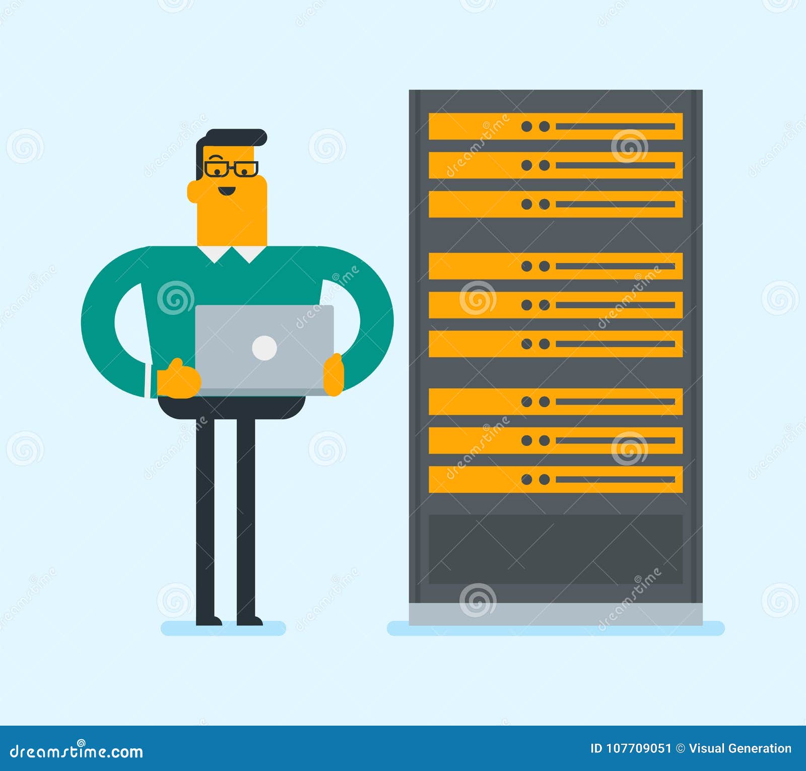 Engineer Working on Laptop in Network Server Room. Stock Vector ...