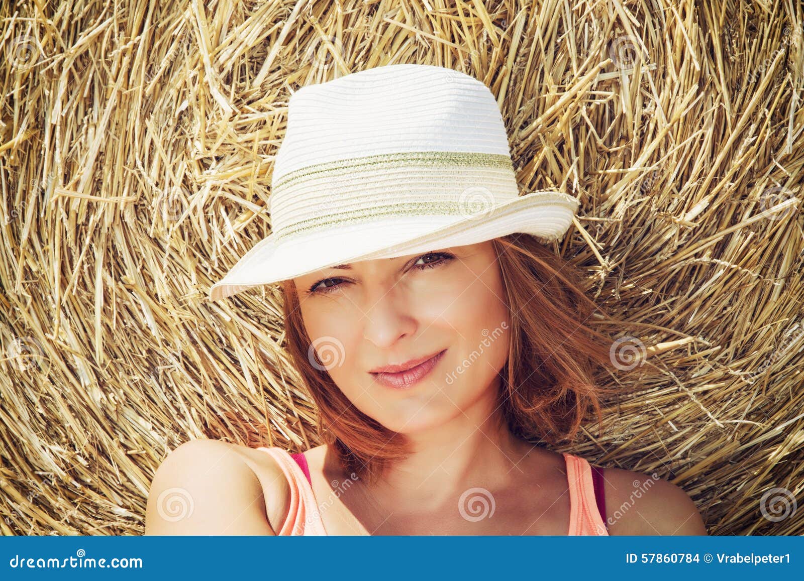 Young Caucasian Woman Posing with Haystack Stock Photo - Image of ...