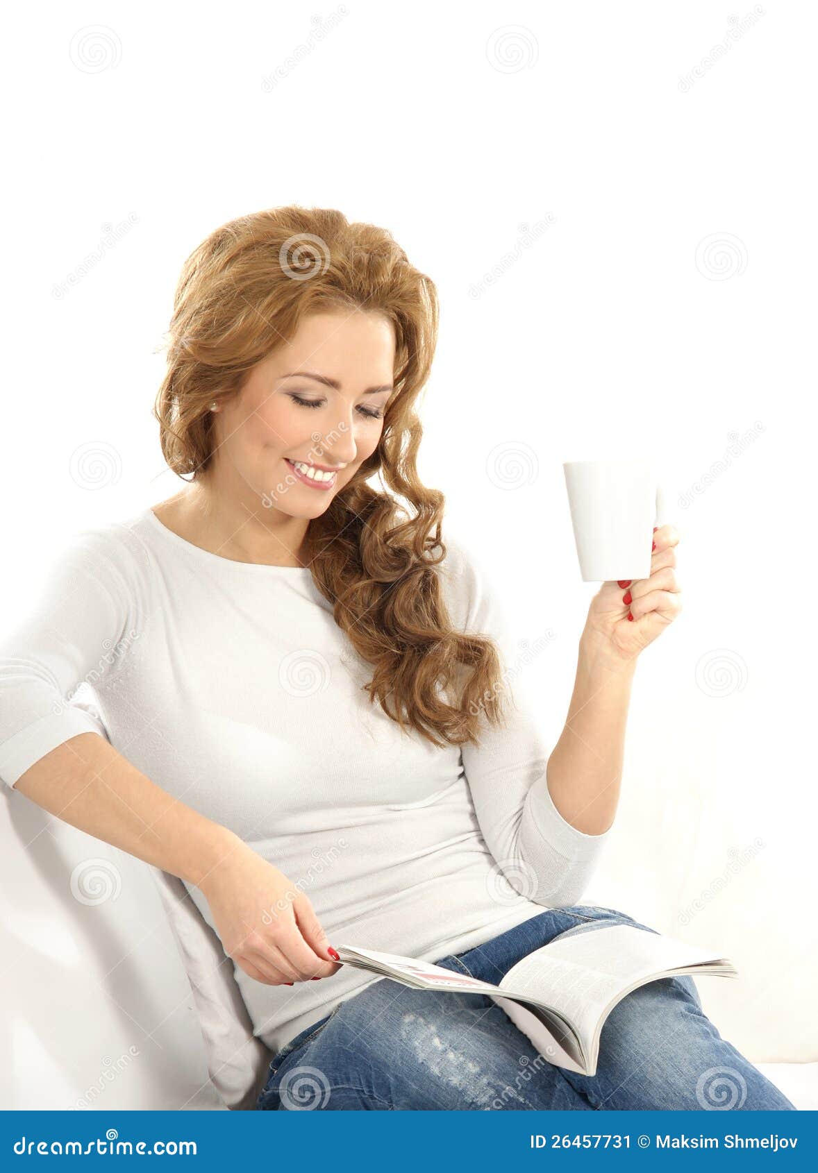 A Young Caucasian Woman Reading and Drinking Stock Image - Image of ...