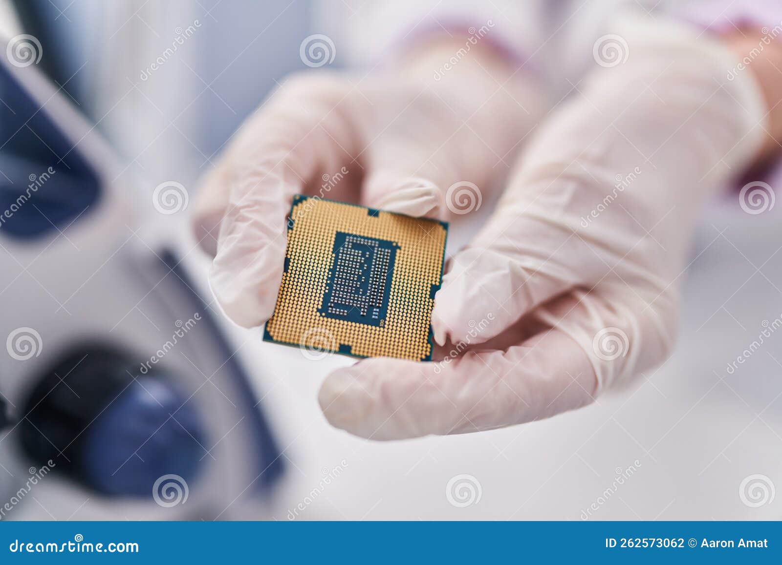 Young Caucasian Woman Scientist Holding Cpu Processor Chip at Street ...