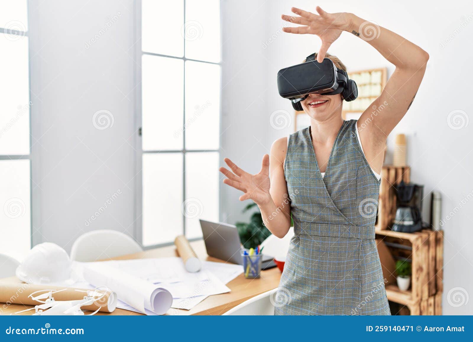 Young Caucasian Woman Smiling Confident Using Vr Goggles Working at ...