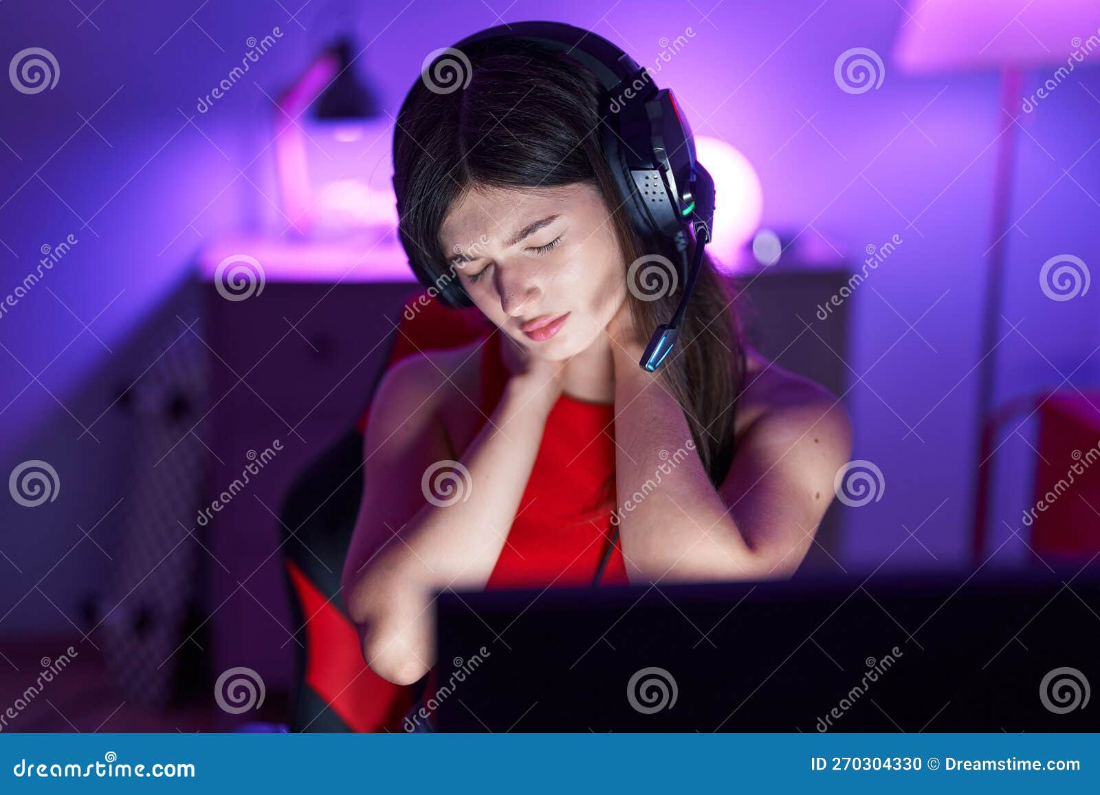 Young Caucasian Woman Streamer Stressed Using Computer at Gaming Room ...