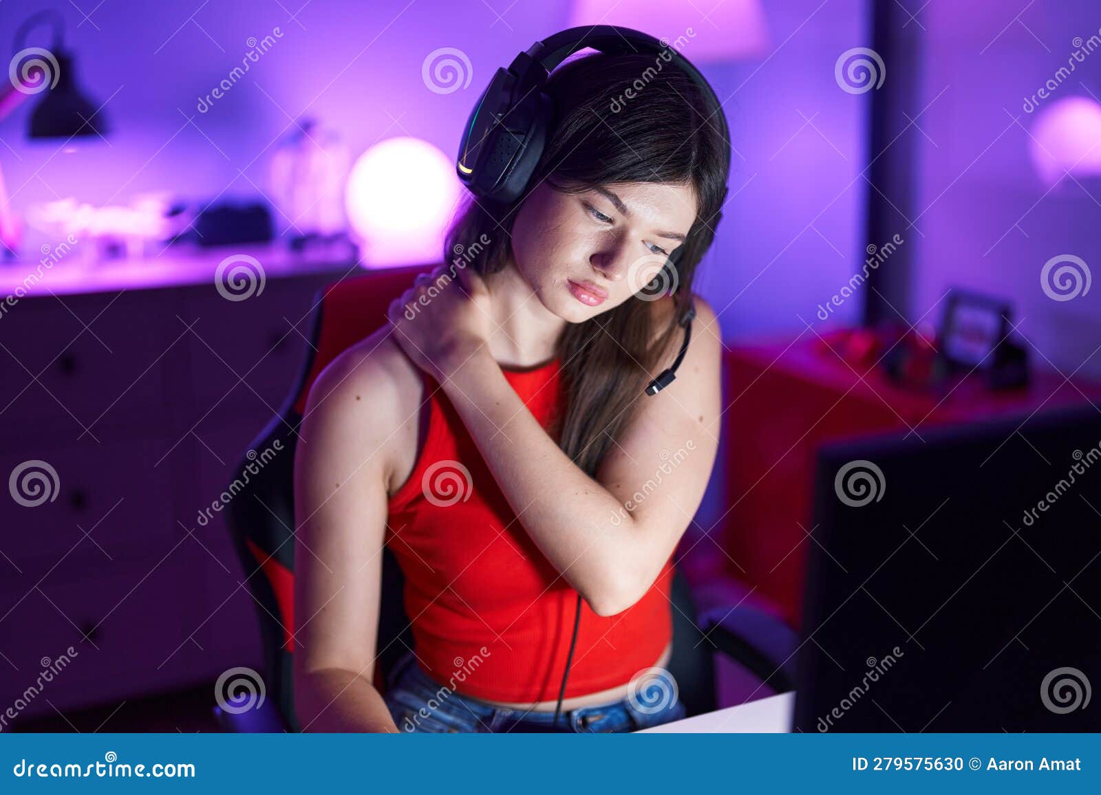 Young Caucasian Woman Streamer Stressed Using Computer at Gaming Room ...