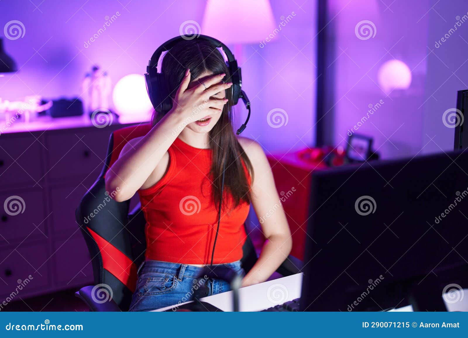 Young Caucasian Woman Streamer Stressed Using Computer at Gaming Room ...