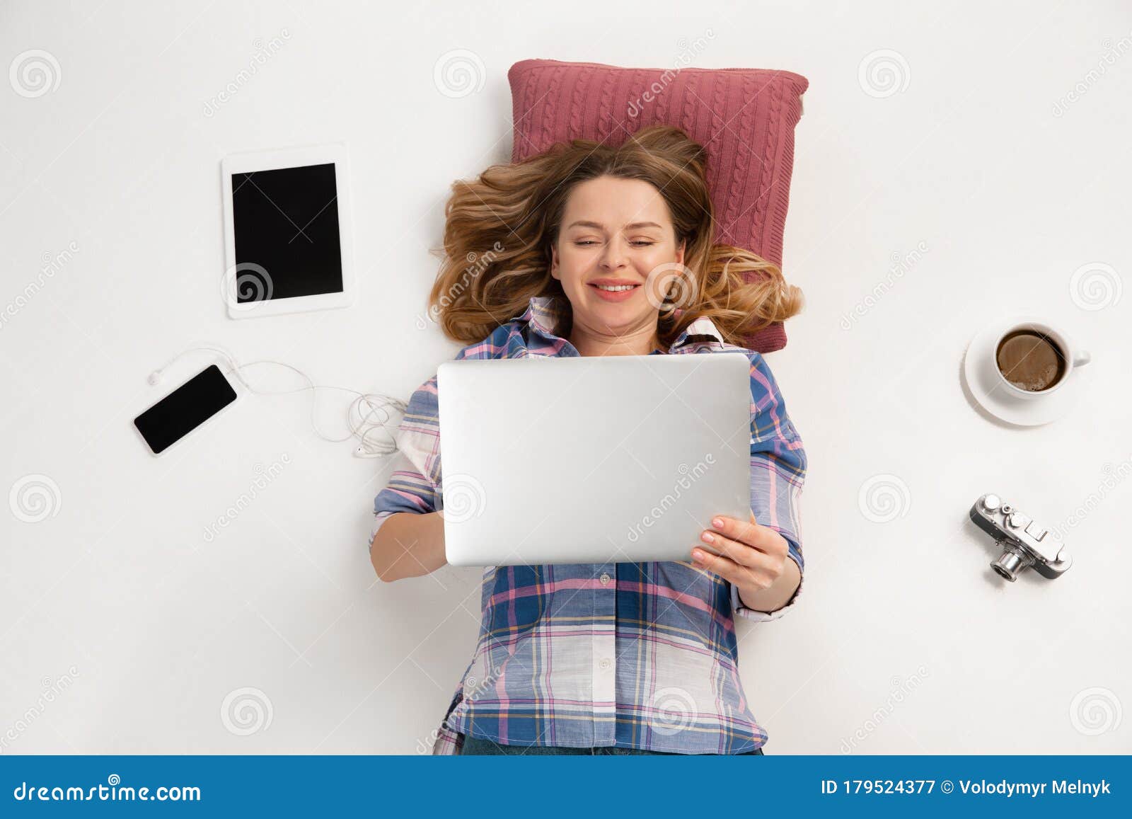 Emotional Caucasian Woman Using Gadgets Isolated on White Studio ...