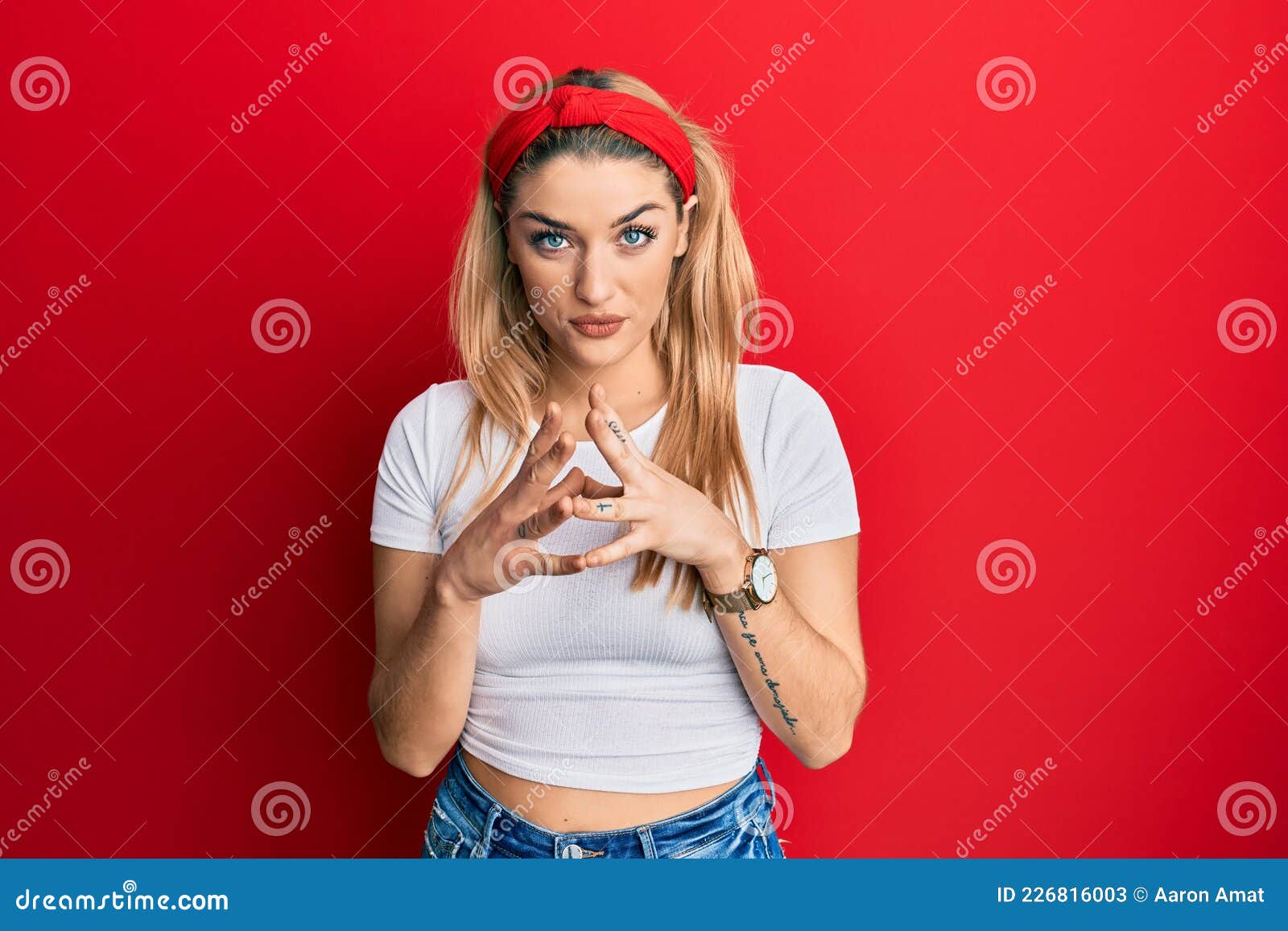 Young Caucasian Woman Wearing Casual White T Shirt Hands Together And
