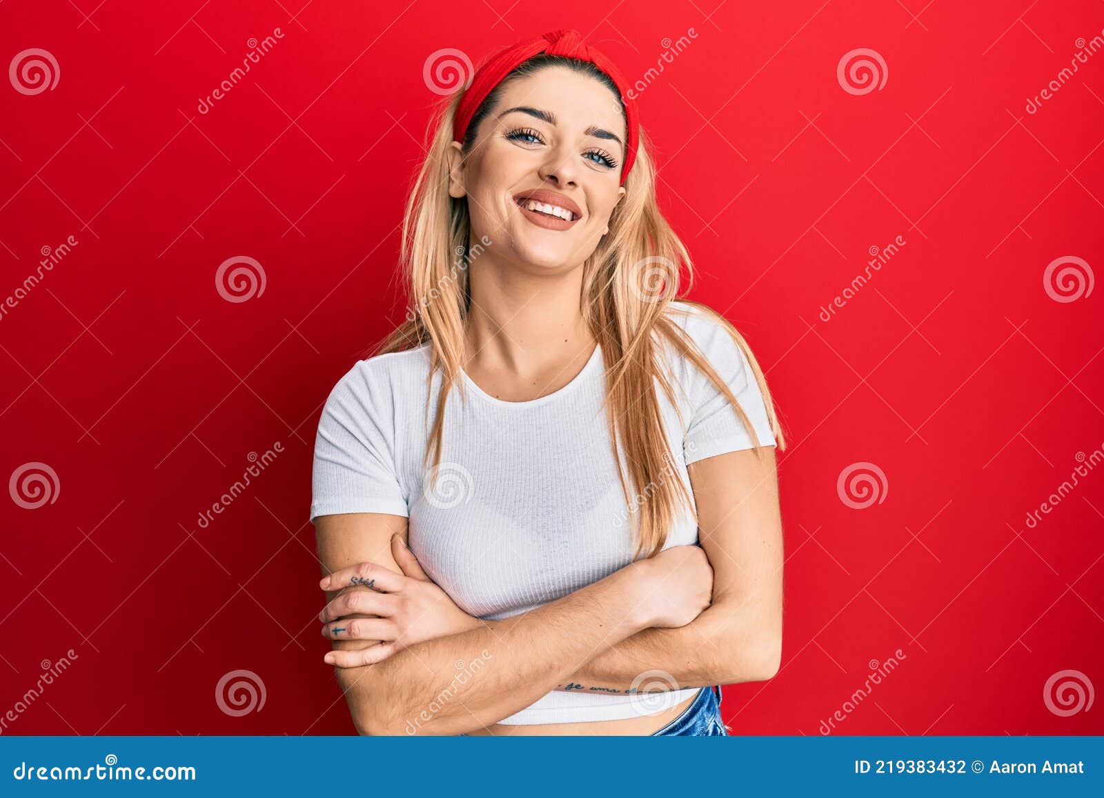 Young Caucasian Woman Wearing Casual White T Shirt Happy Face Smiling