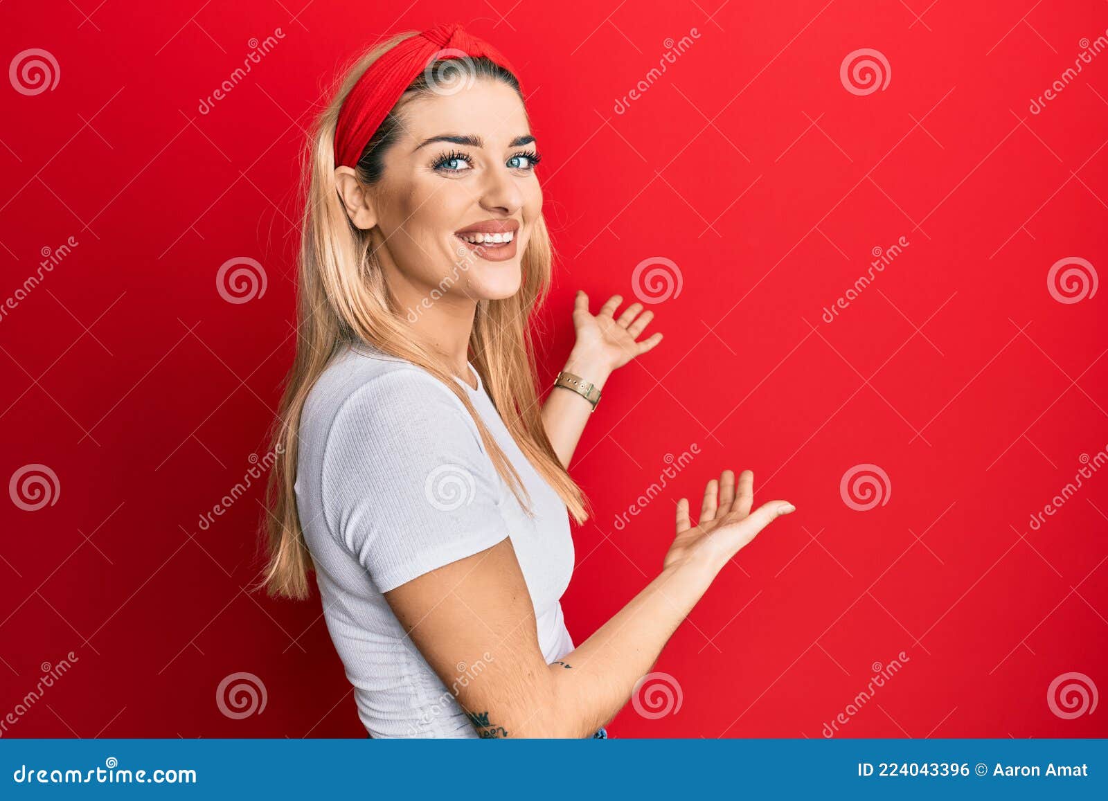 Young Caucasian Woman Wearing Casual White T Shirt Inviting To Enter