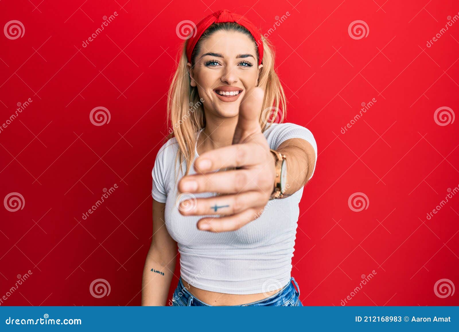 Young Caucasian Woman Wearing Casual White T Shirt Smiling Friendly