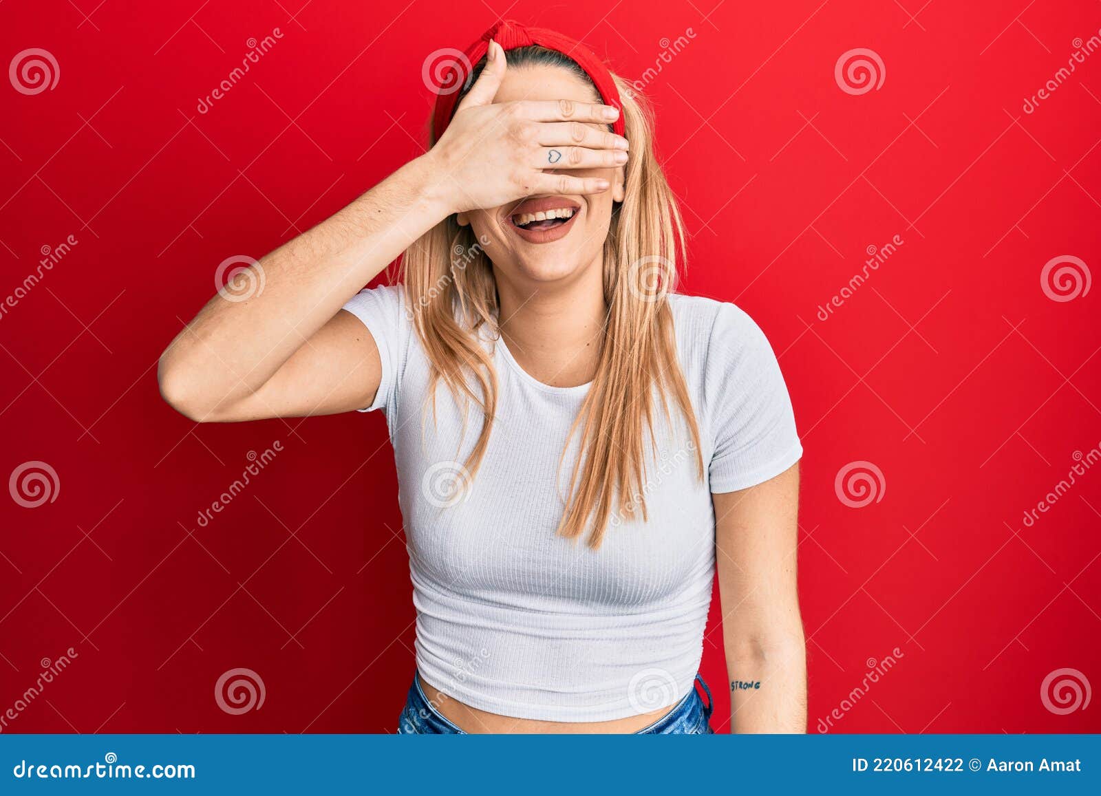 Young Caucasian Woman Wearing Casual White T Shirt Smiling And Laughing