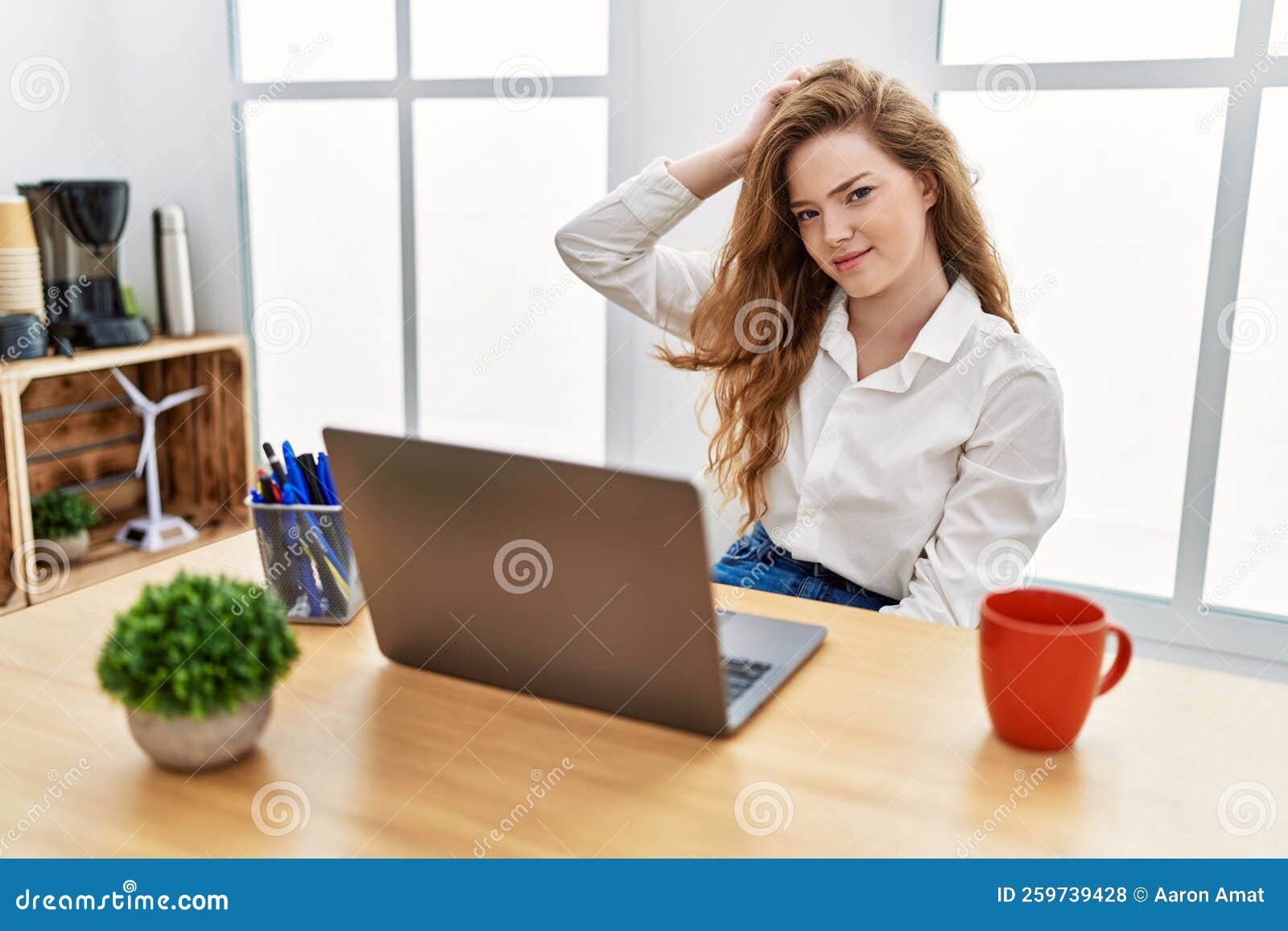 Young Caucasian Woman Working at the Office Using Computer Laptop ...