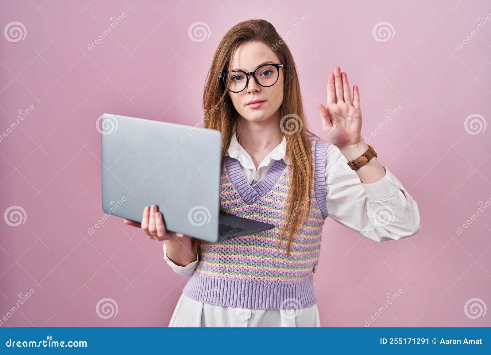 Young Caucasian Woman Working Using Computer Laptop Doing Stop Sing ...