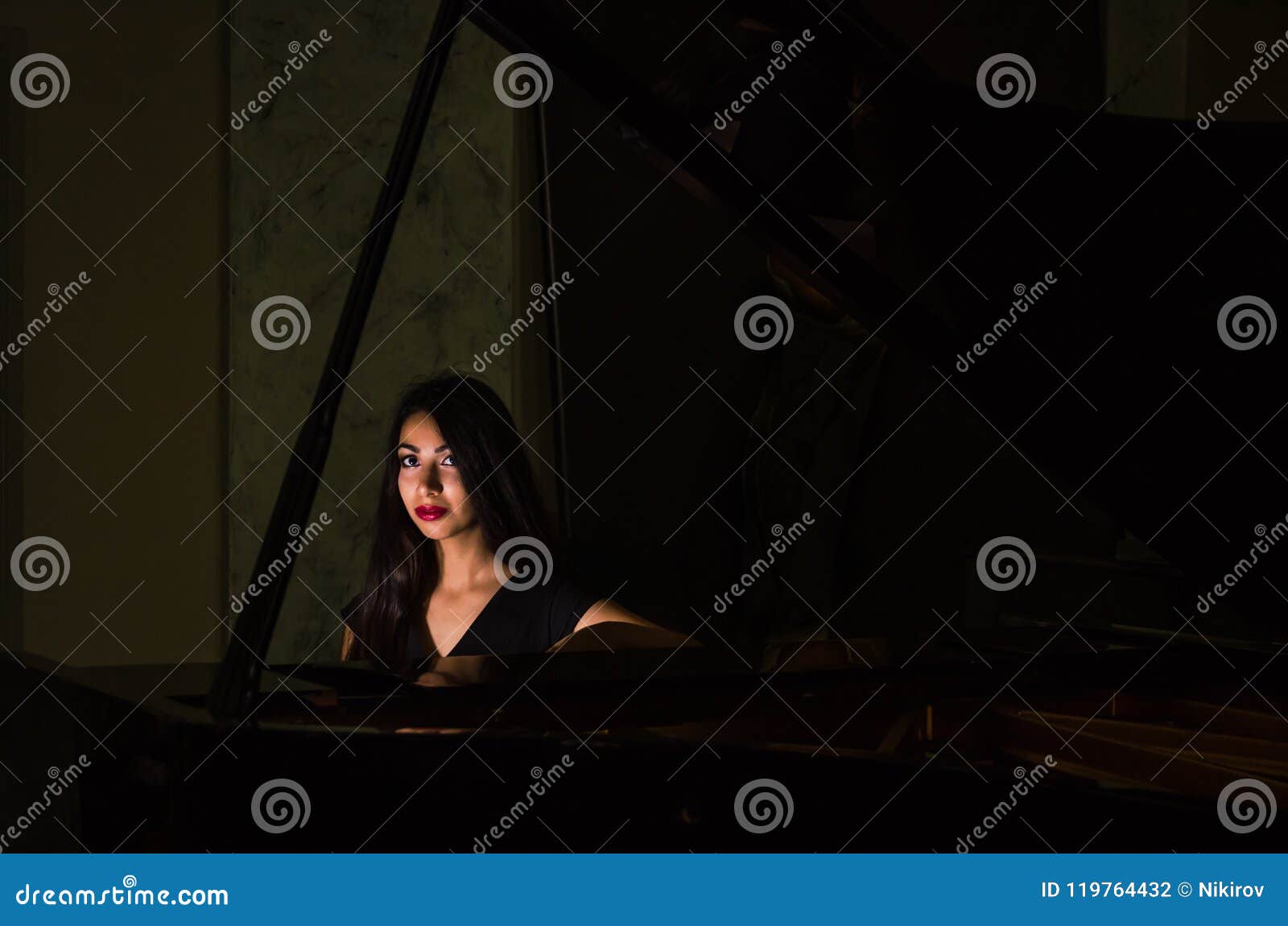 Young Charming Brunette Girl Playing the Piano Stock Photo - Image of ...
