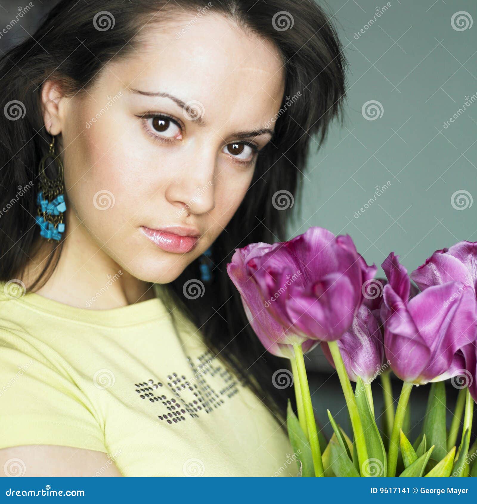 Young Charming Woman with Bouquet of Tulips Stock Image - Image of ...