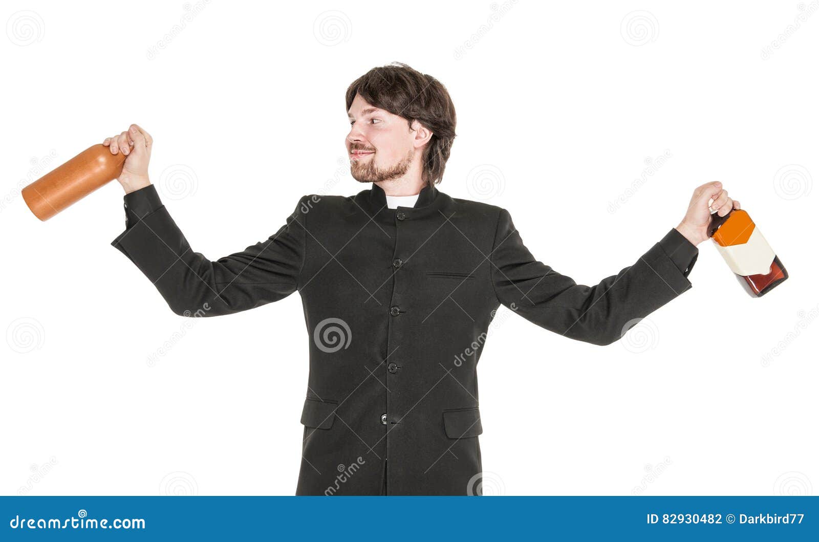 Young Cheerful Priest with Bottle of Alcohol Isolated Stock Photo ...