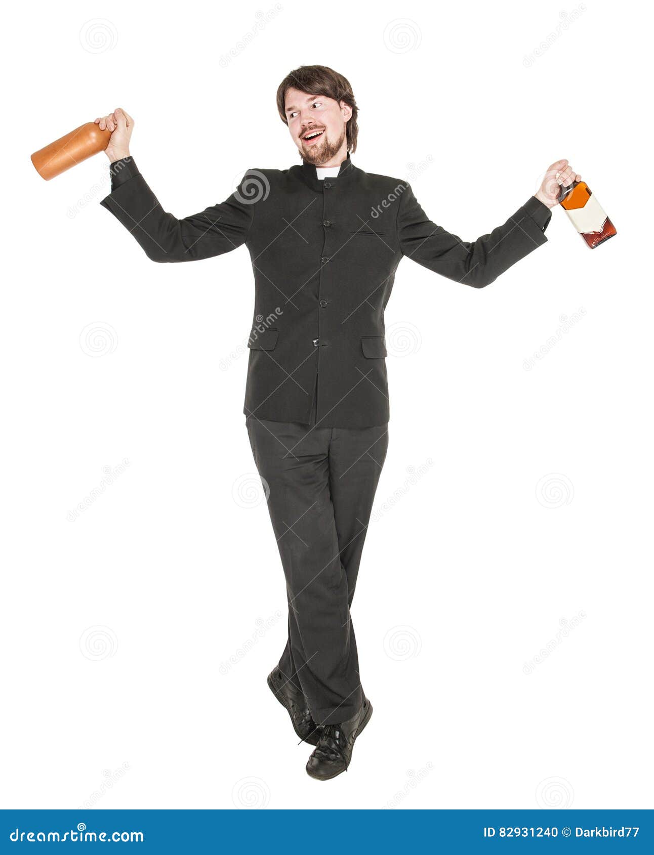 Young Cheerful Priest with Bottle of Alcohol Isolated Stock Photo ...