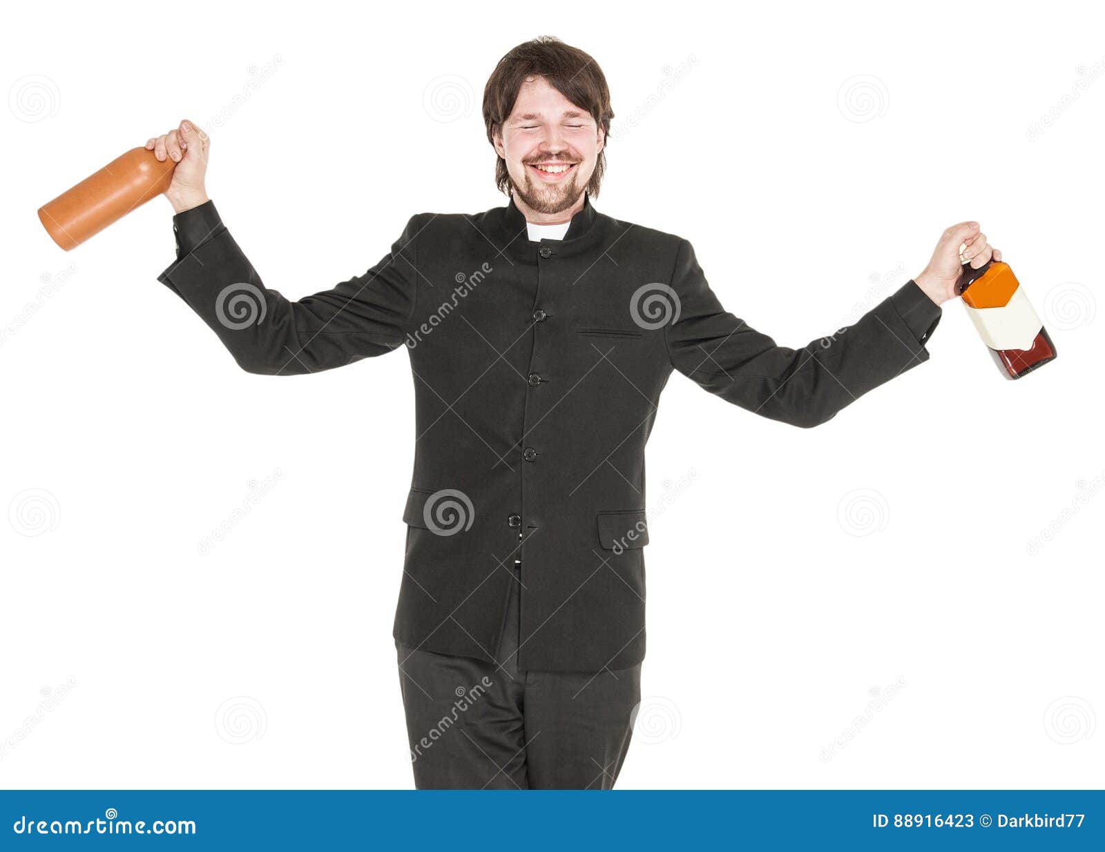 Young Cheerful Priest with Bottle of Alcohol Isolated Stock Image ...