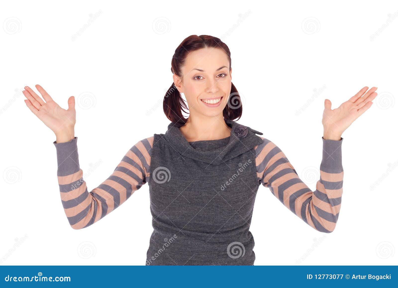 Young Cheerful Woman Hands Up Stock Image - Image of casual, model ...