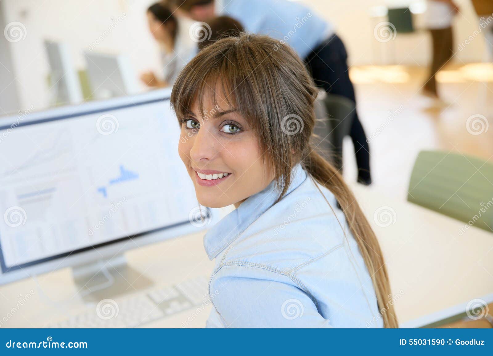 Young Cheerful Woman Office Worker on Computer Stock Photo - Image of ...