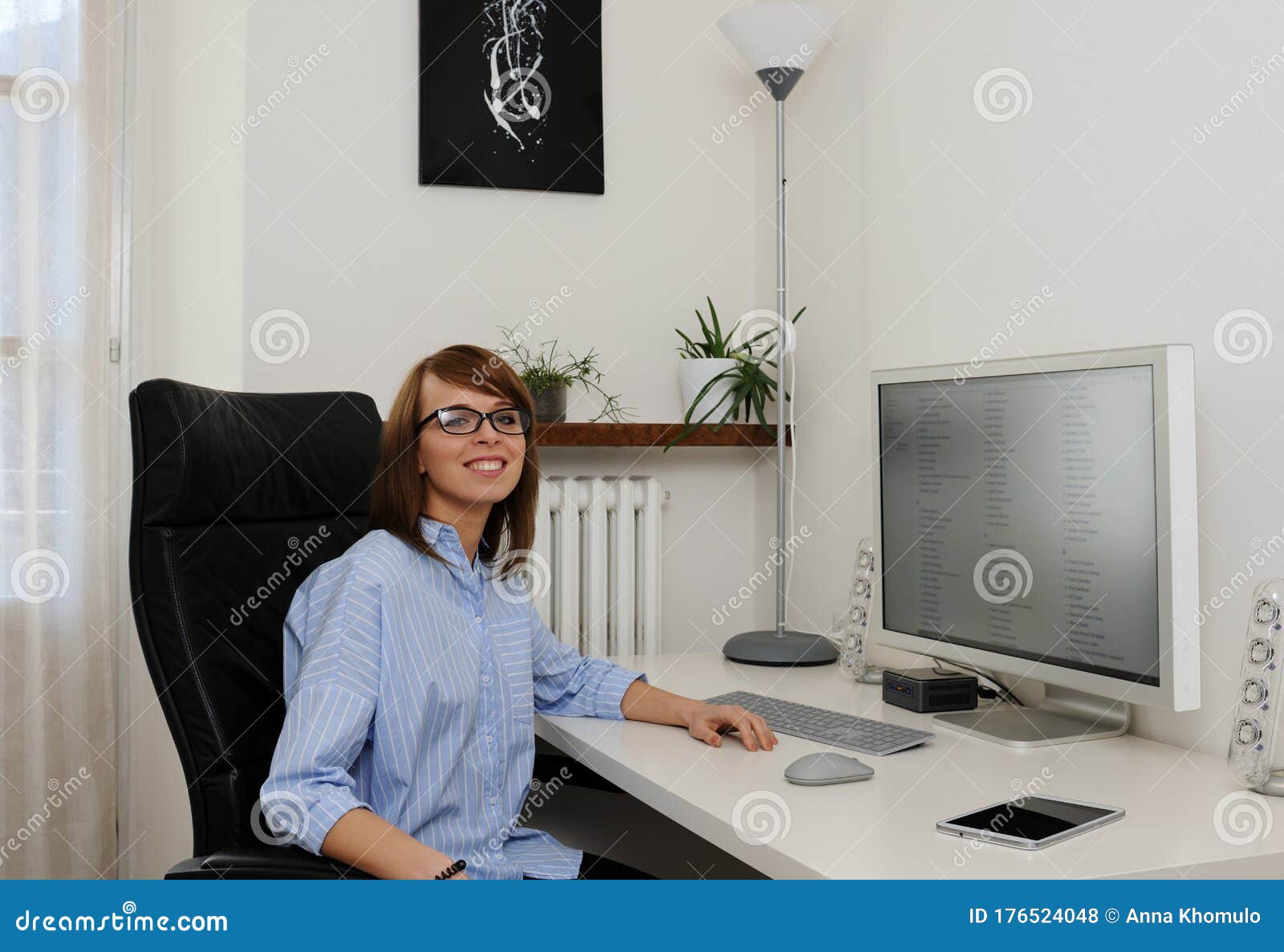 Young Cheerful Woman Working with Computer Stock Photo - Image of ...