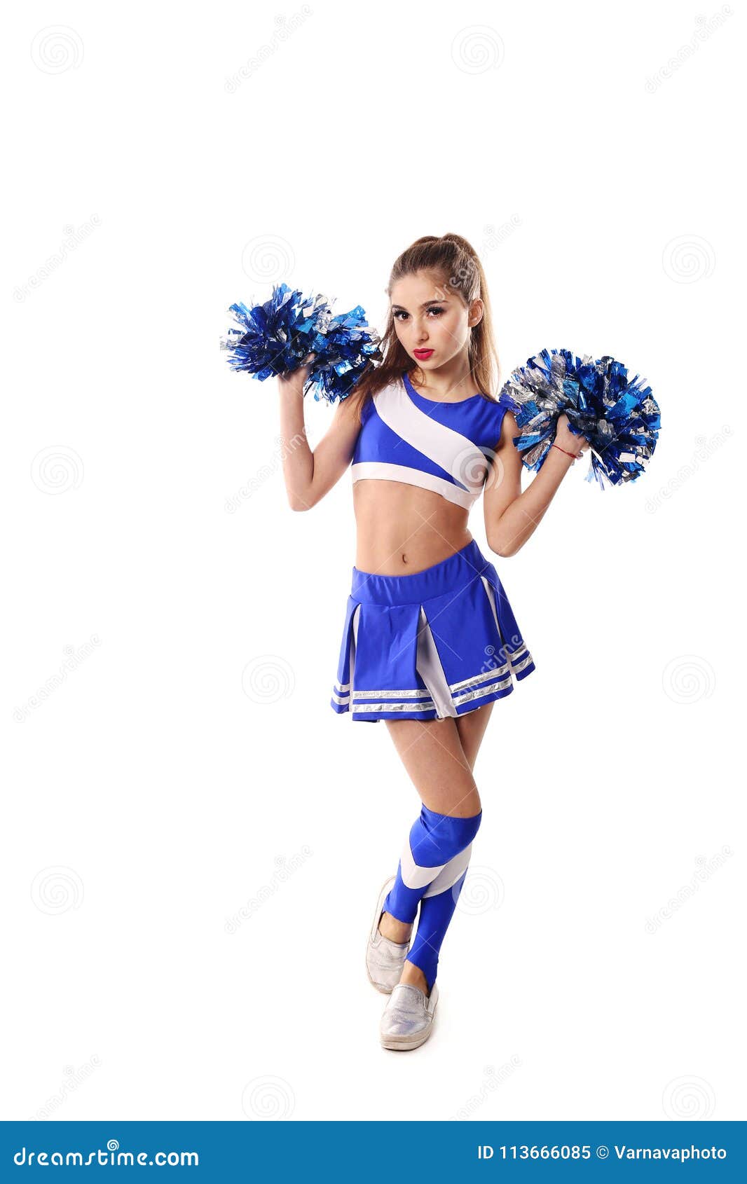 Young Cheerleader in Blue and White Suit with Pompoms on White ...