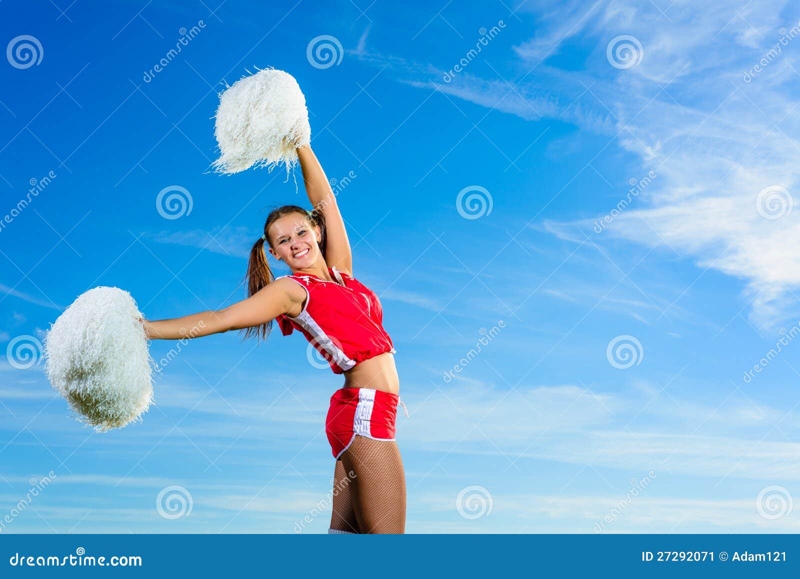 Young Cheerleader in Red Costume with Pampon Stock Image - Image of ...