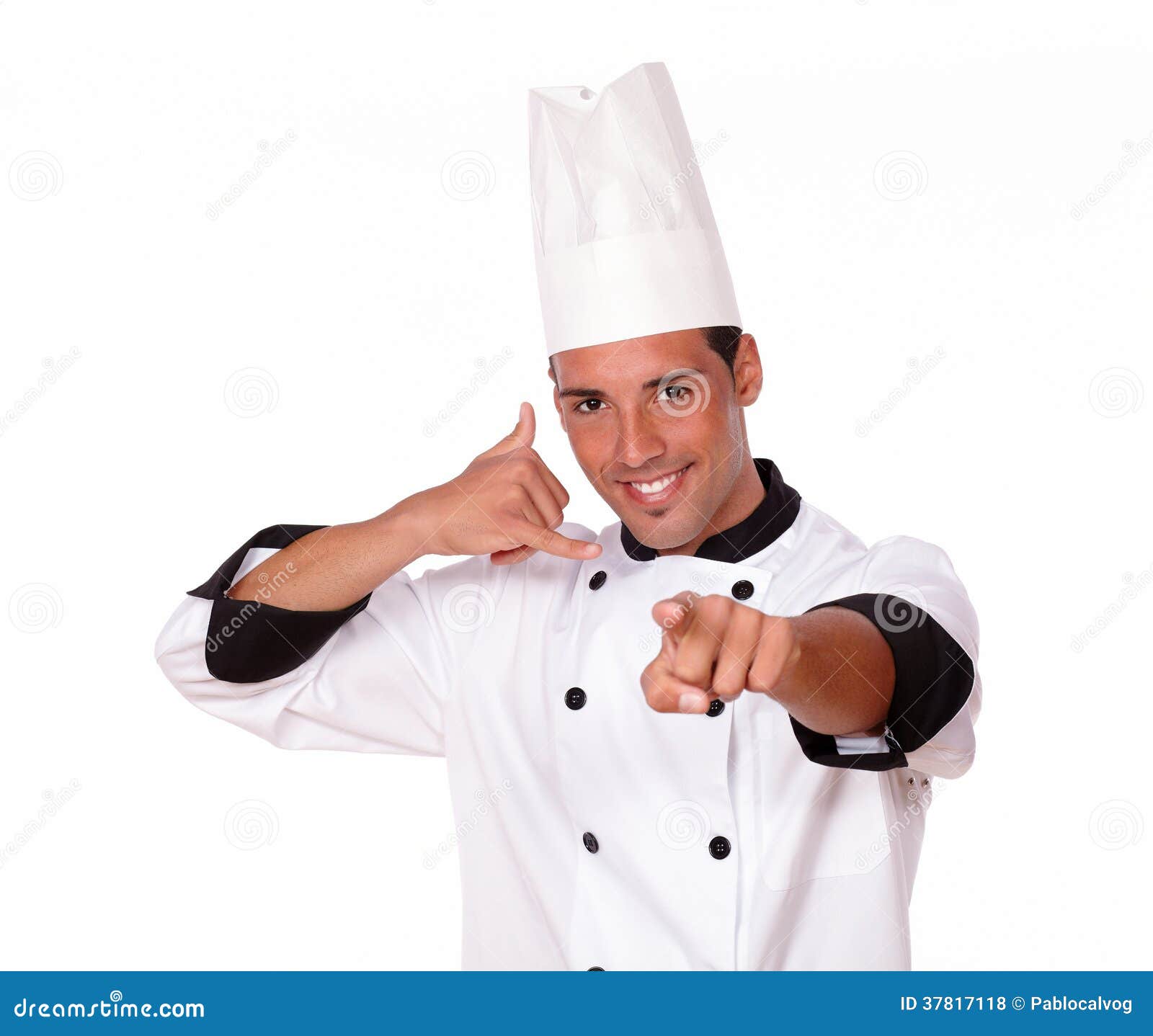 Young Chef with Call Gesture Pointing Stock Photo - Image of studio ...
