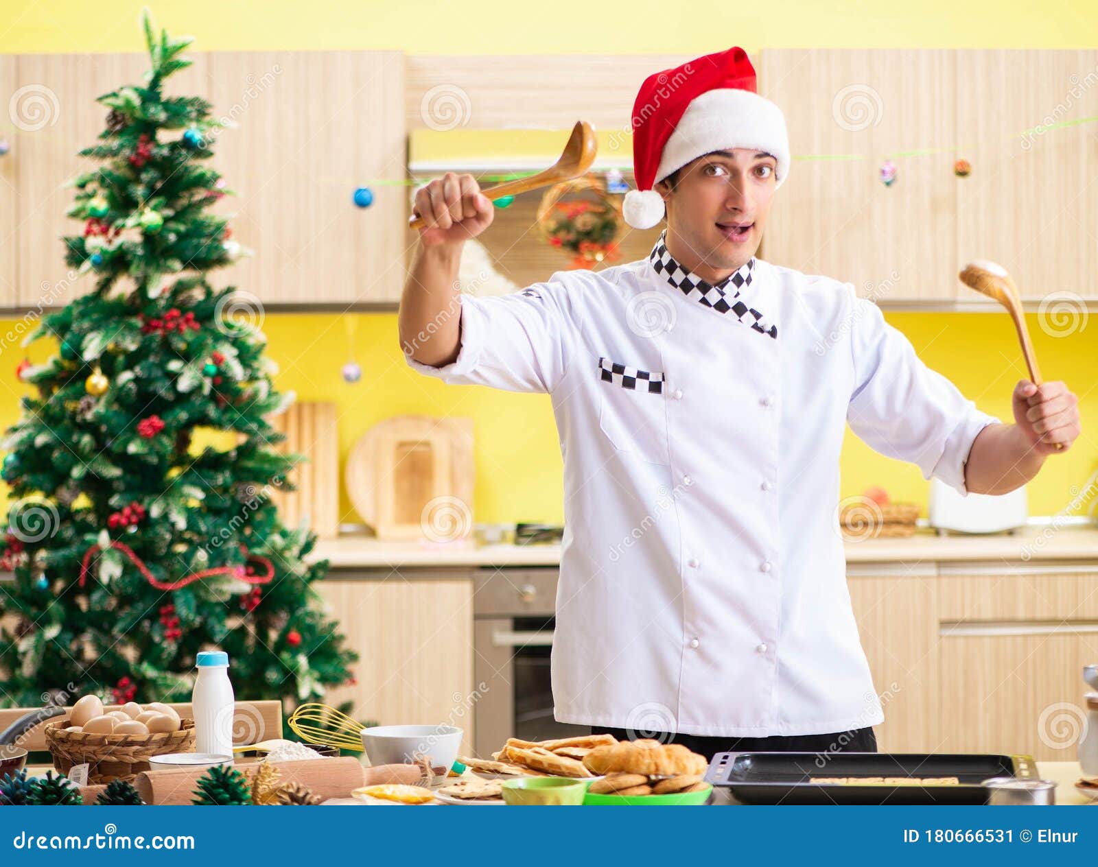 Young Chef Husband Working in Kitchen at Christmas Eve Stock Image ...
