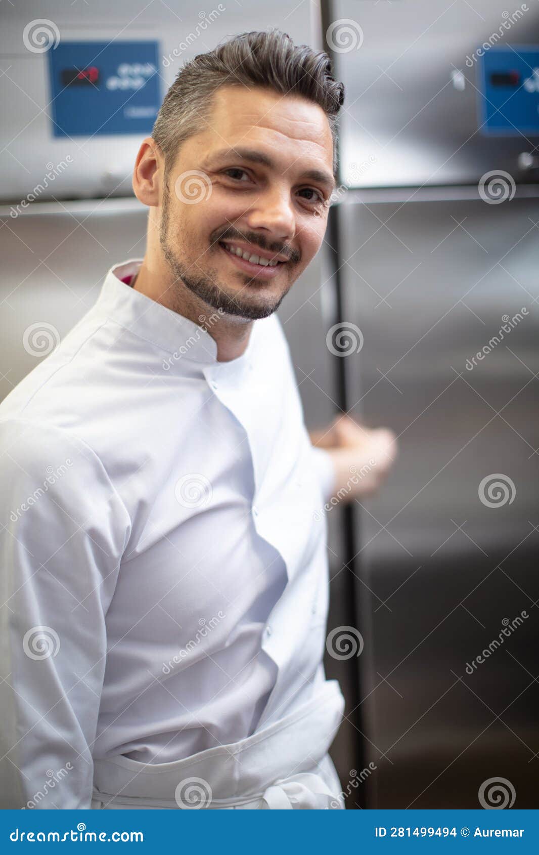 Young Chef Opening Restaurant Kitchen Fridge Stock Photo - Image of ...