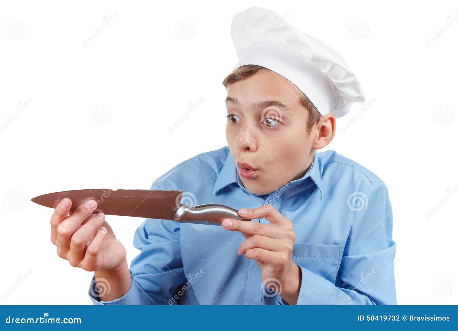 Young Chef really Surprised Failure with a Knife. Isolated Studio Stock ...