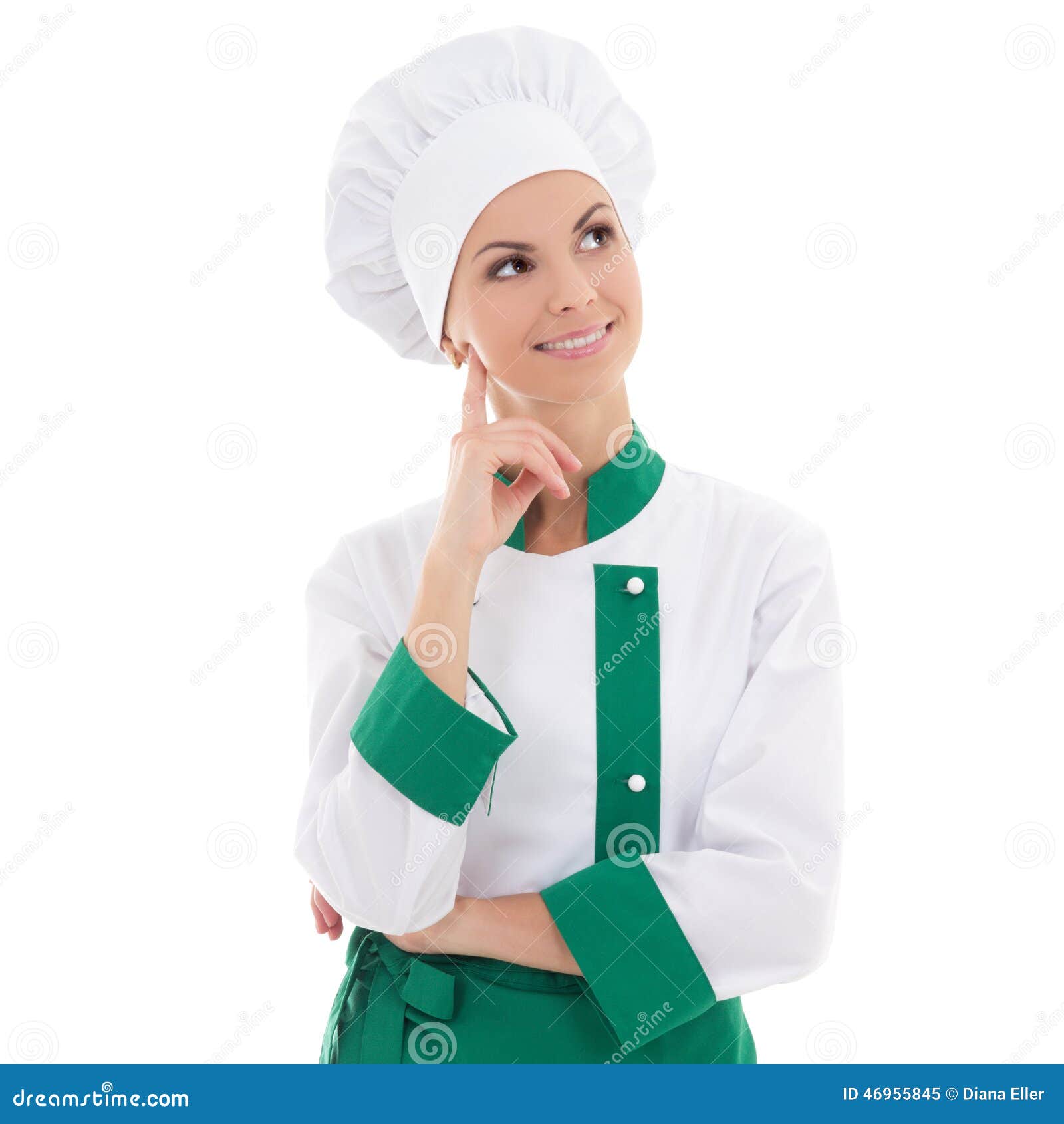 Young Chef Woman Dreaming or Thinking about Something Isolated O Stock ...
