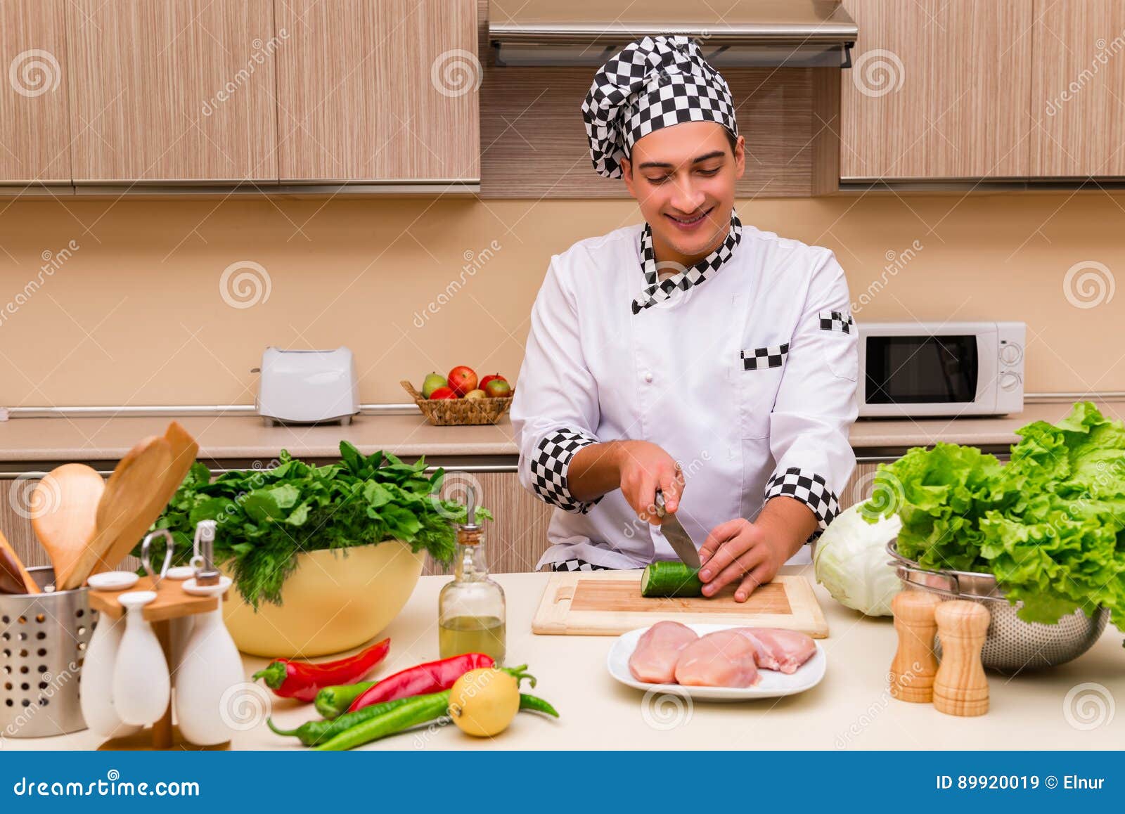 The Young Chef Working in the Kitchen Stock Image - Image of cucumber ...