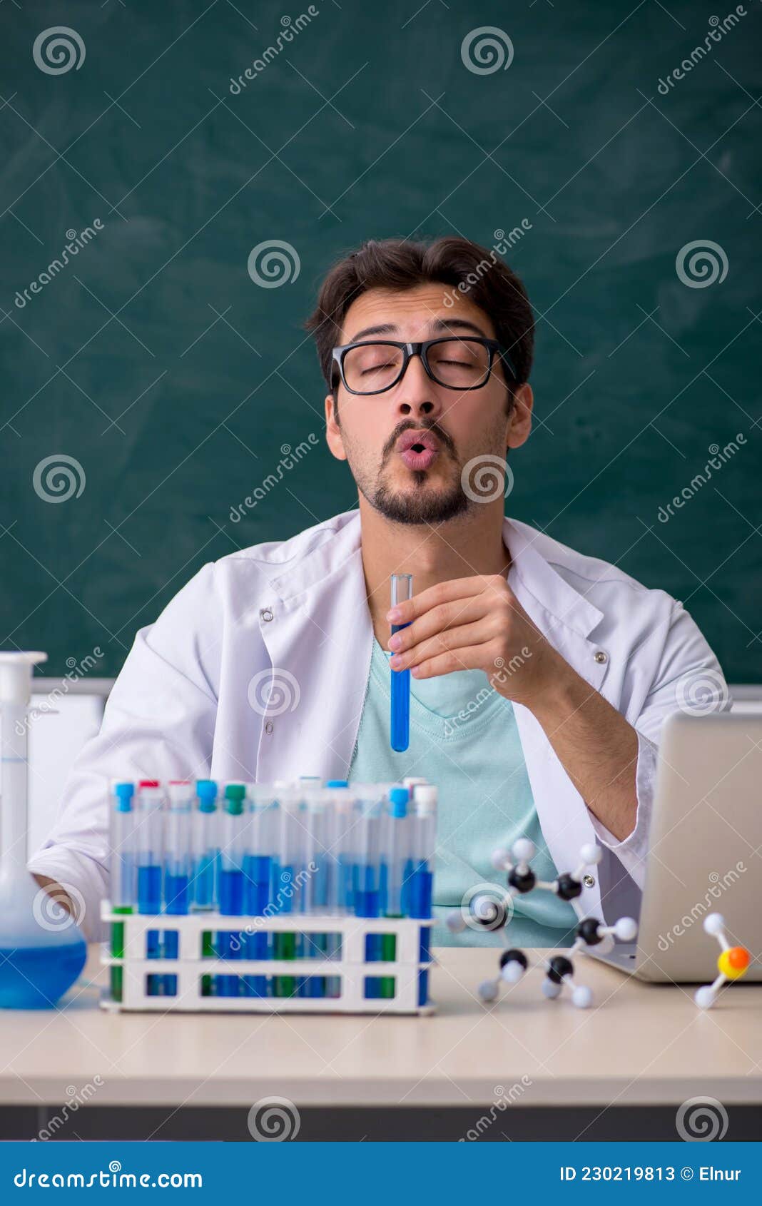 Young Male Chemist in Front of Blackboard Stock Image - Image of young ...