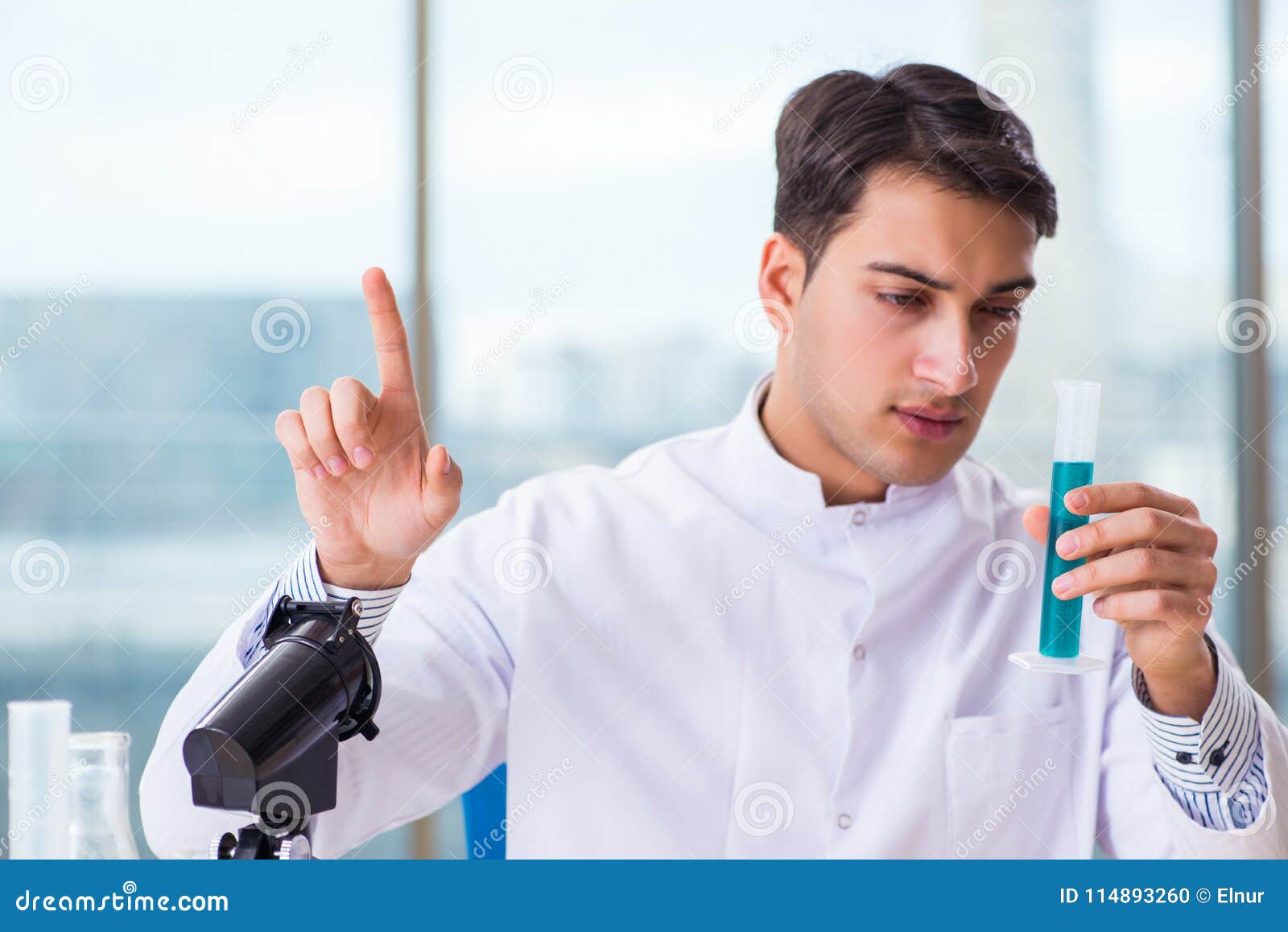 The Young Chemist Pressing Virtual Buttons in Lab Stock Photo - Image ...