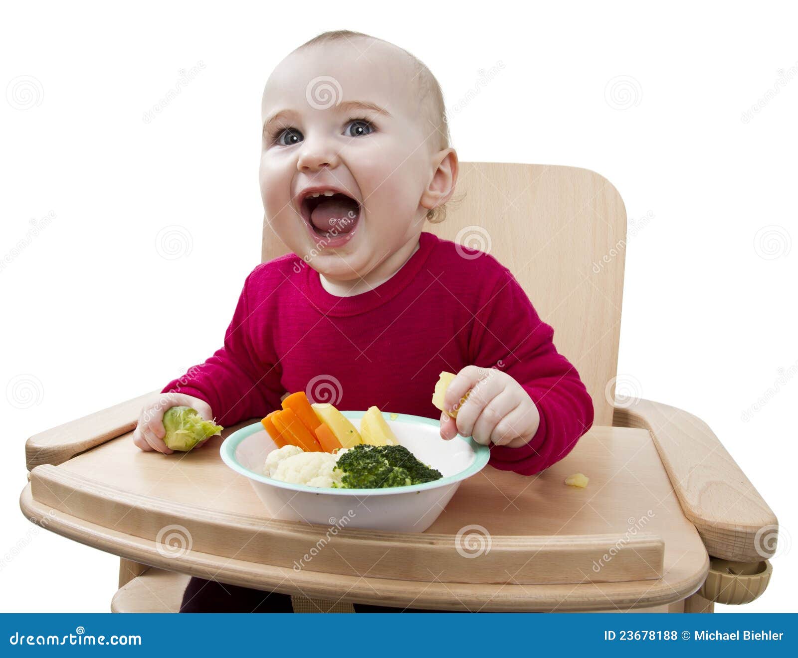 Young Child Eating in High Chair Stock Photo - Image of wood ...
