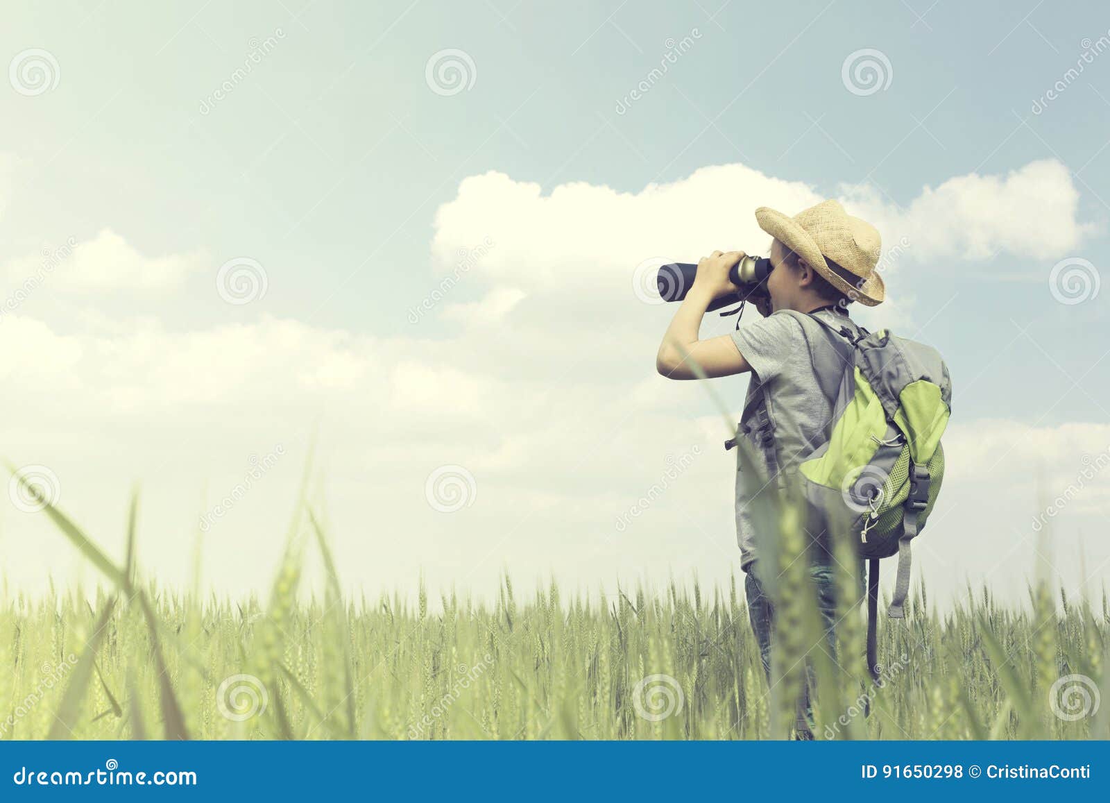 Young Child Explorer Looking at the Infinite with His Binoculars Stock ...