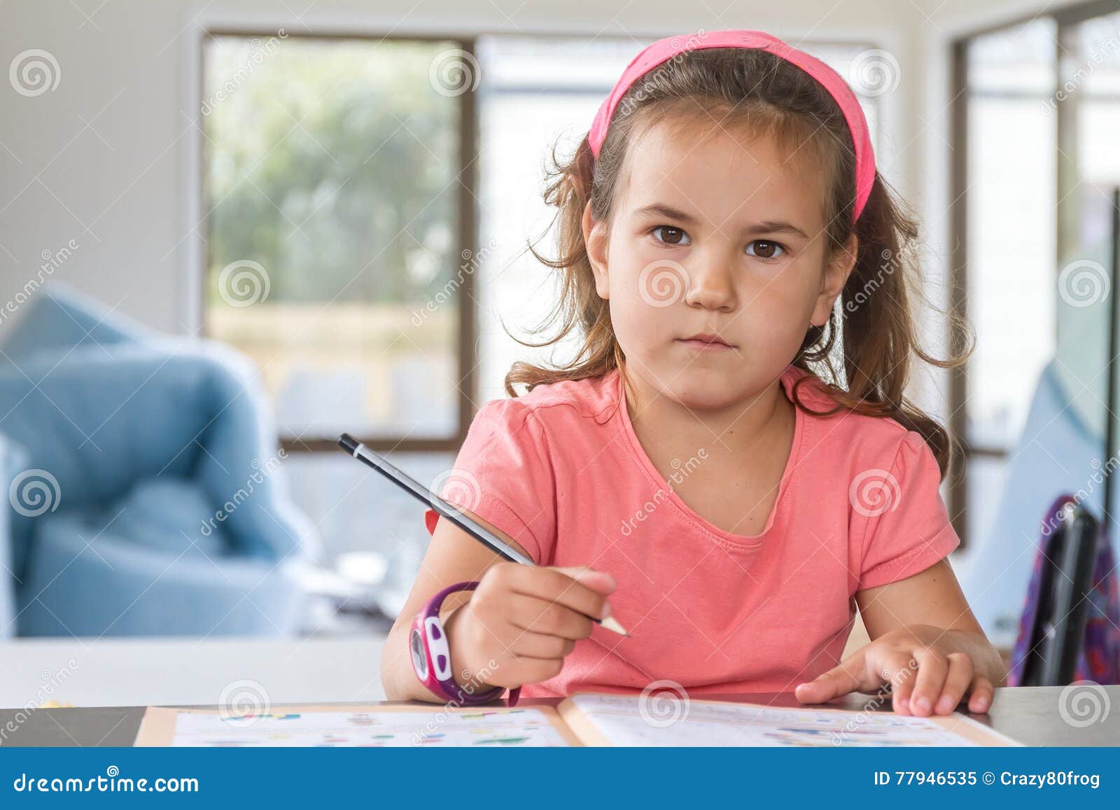 Young Child Girl Writing in Notebook Stock Image - Image of beautiful ...