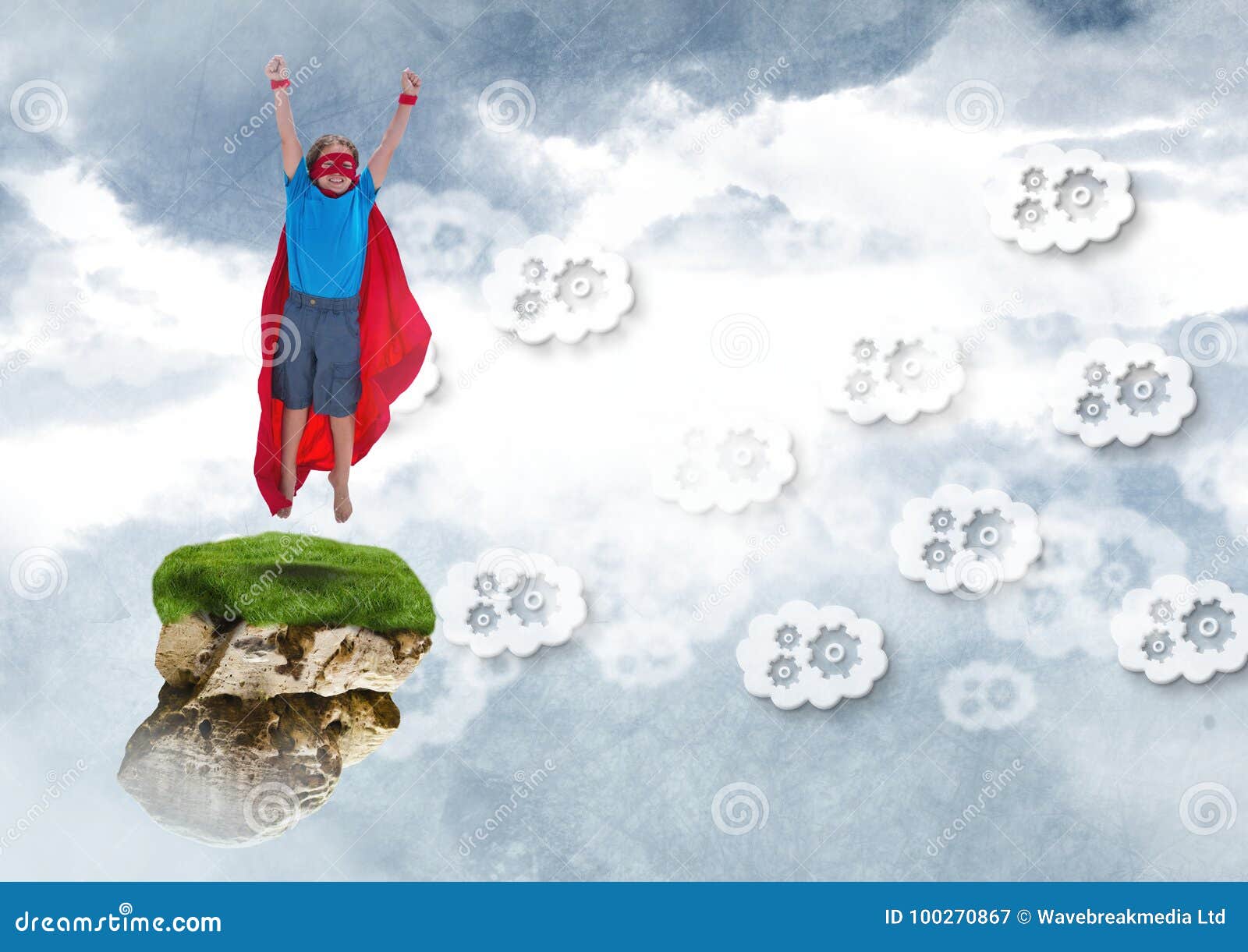 Young Child Superhero on Floating Rock Platform in Sky with Cog Clouds ...
