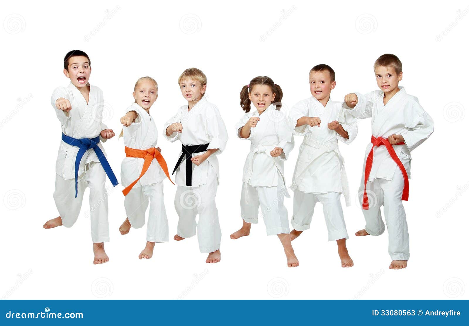Young Children in Kimono Perform Techniques Karate on a White ...
